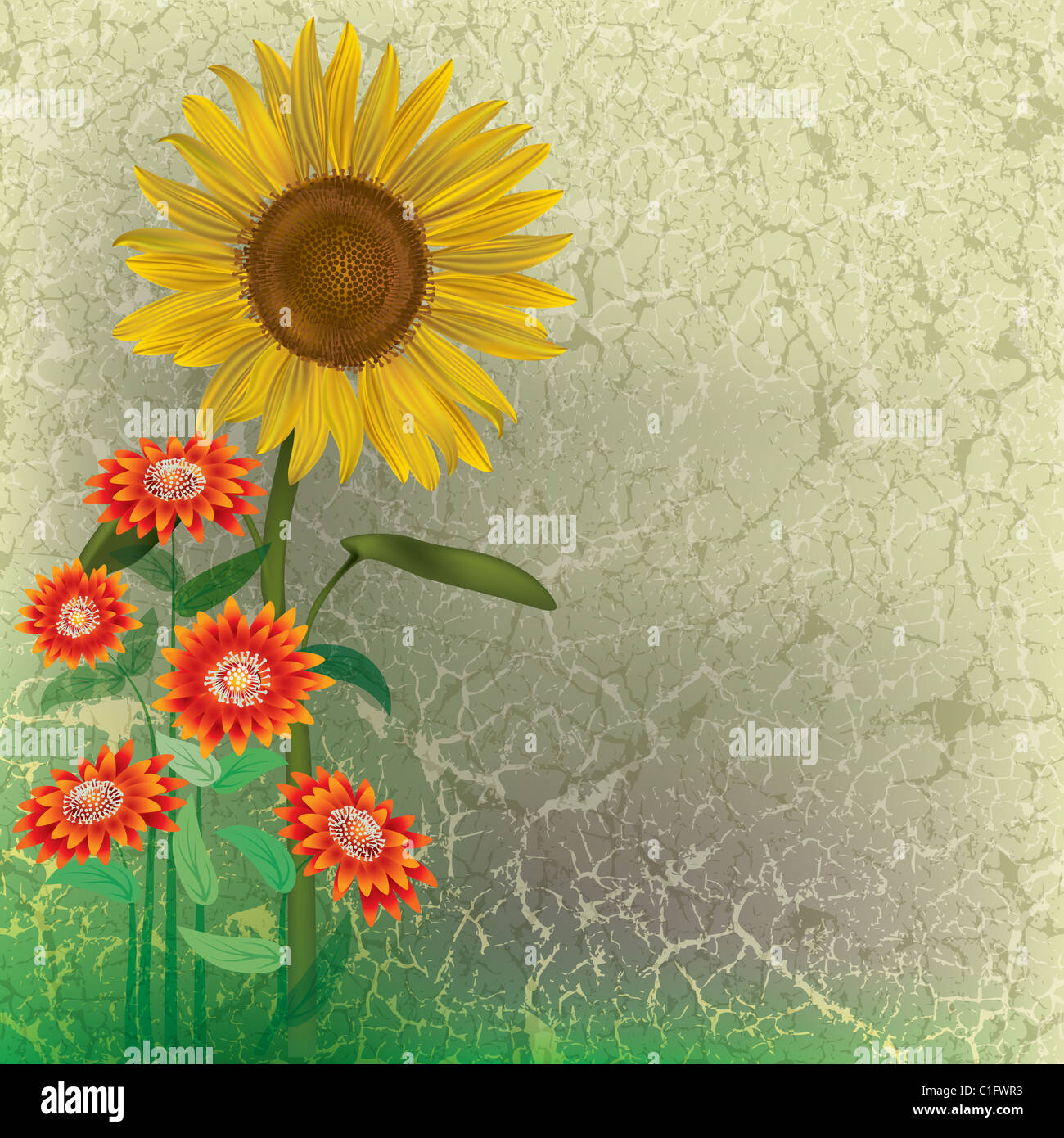 grunge floral illustration with sunflower and red flowers Stock Photo ...