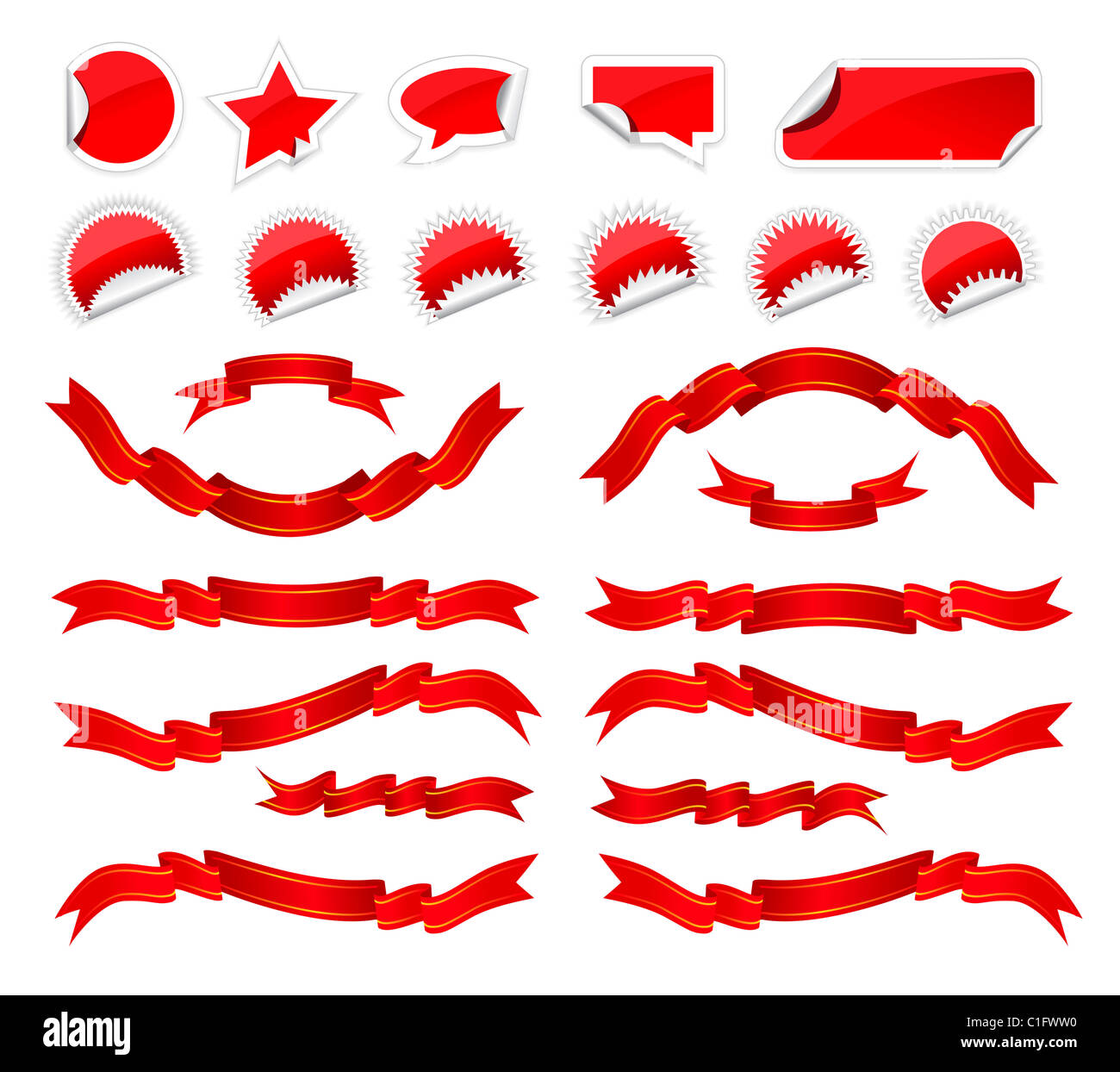 Red stickers and ribbons set on white background Stock Photo - Alamy