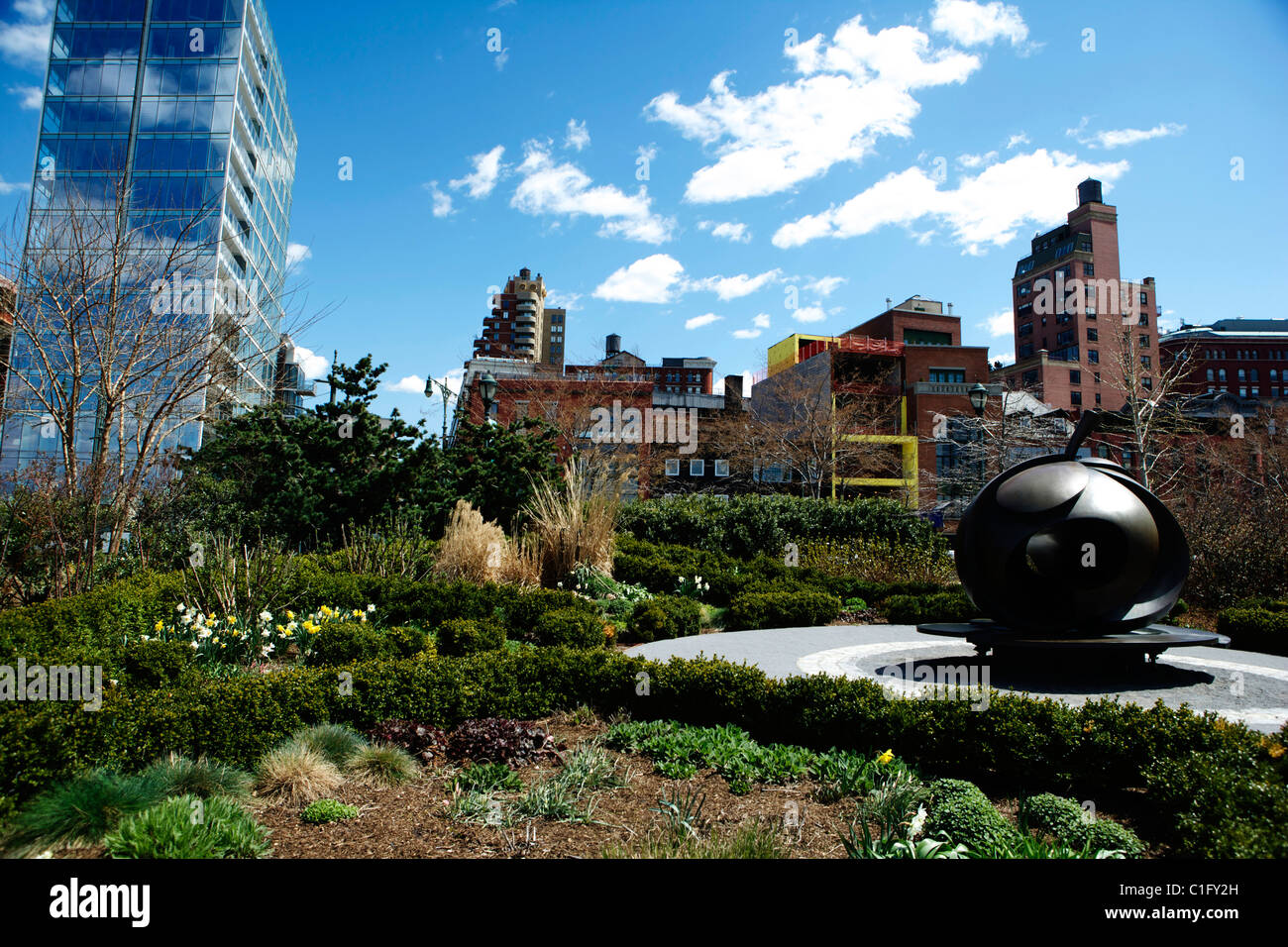 New York City Generic park with sculpture near the Hudson River Stock ...