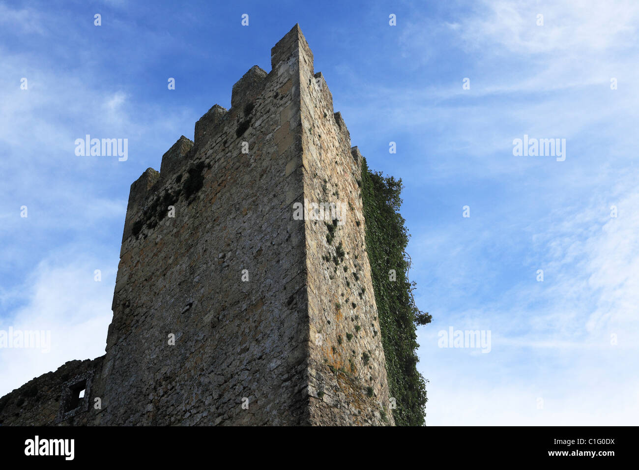 The tower of a medieval castle stands out against a blue sky Stock ...