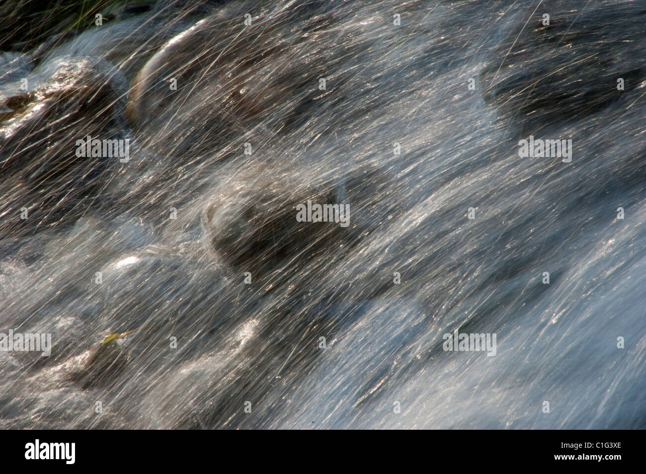 Moving stream water flowing taken with a telephoto lens and slow ...