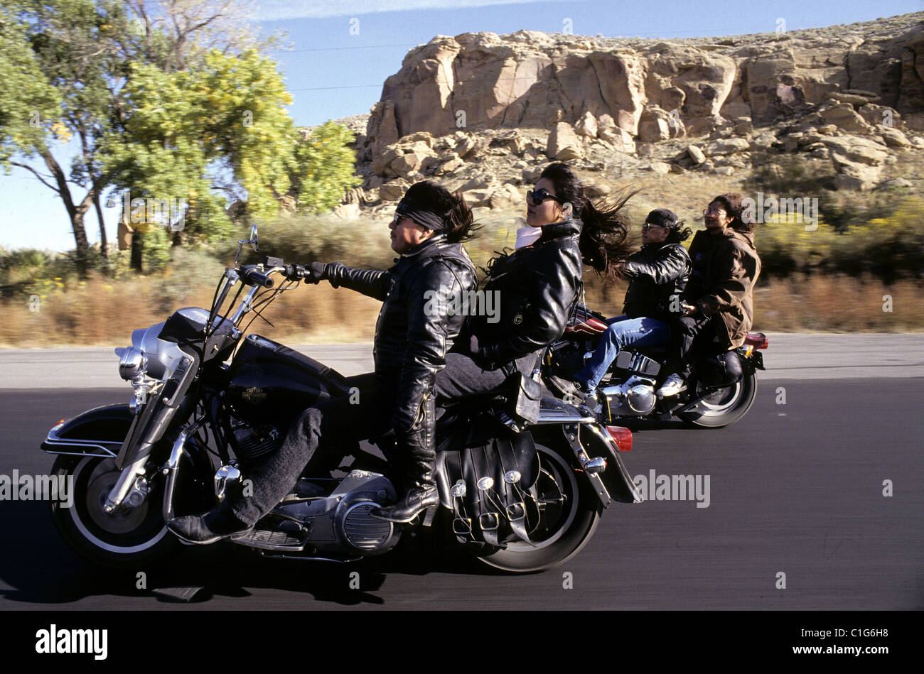 United States, New Mexico, Navajo Nation, Navajo bikers around Shiprock ...