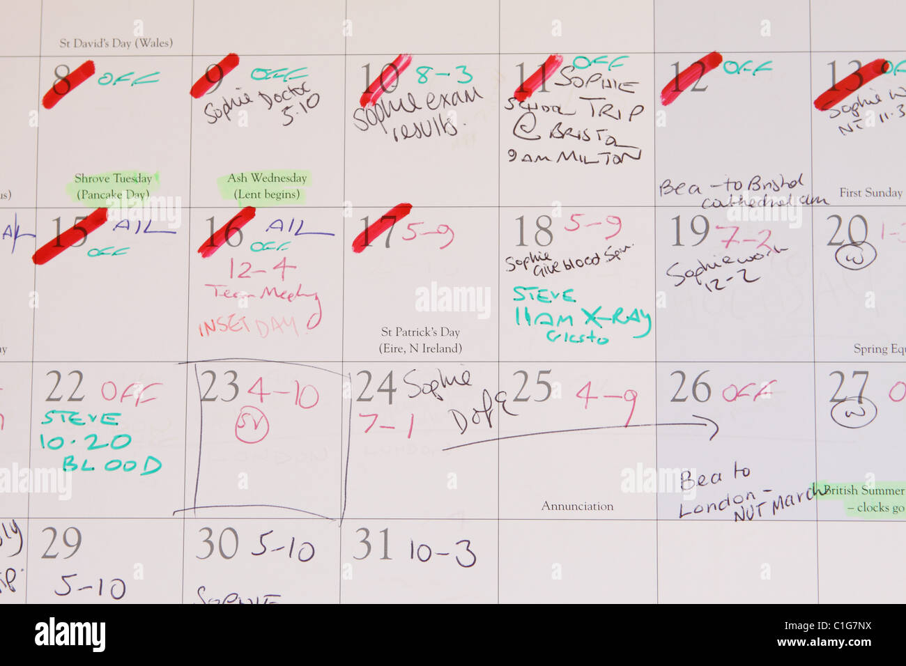 Calender busy family life diary dates Stock Photo - Alamy