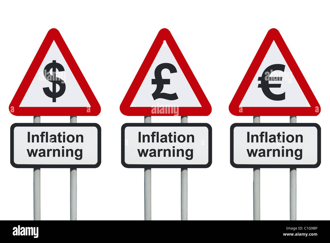 Inflation warning road sign with, dollar, Euro and pound symbols Stock ...