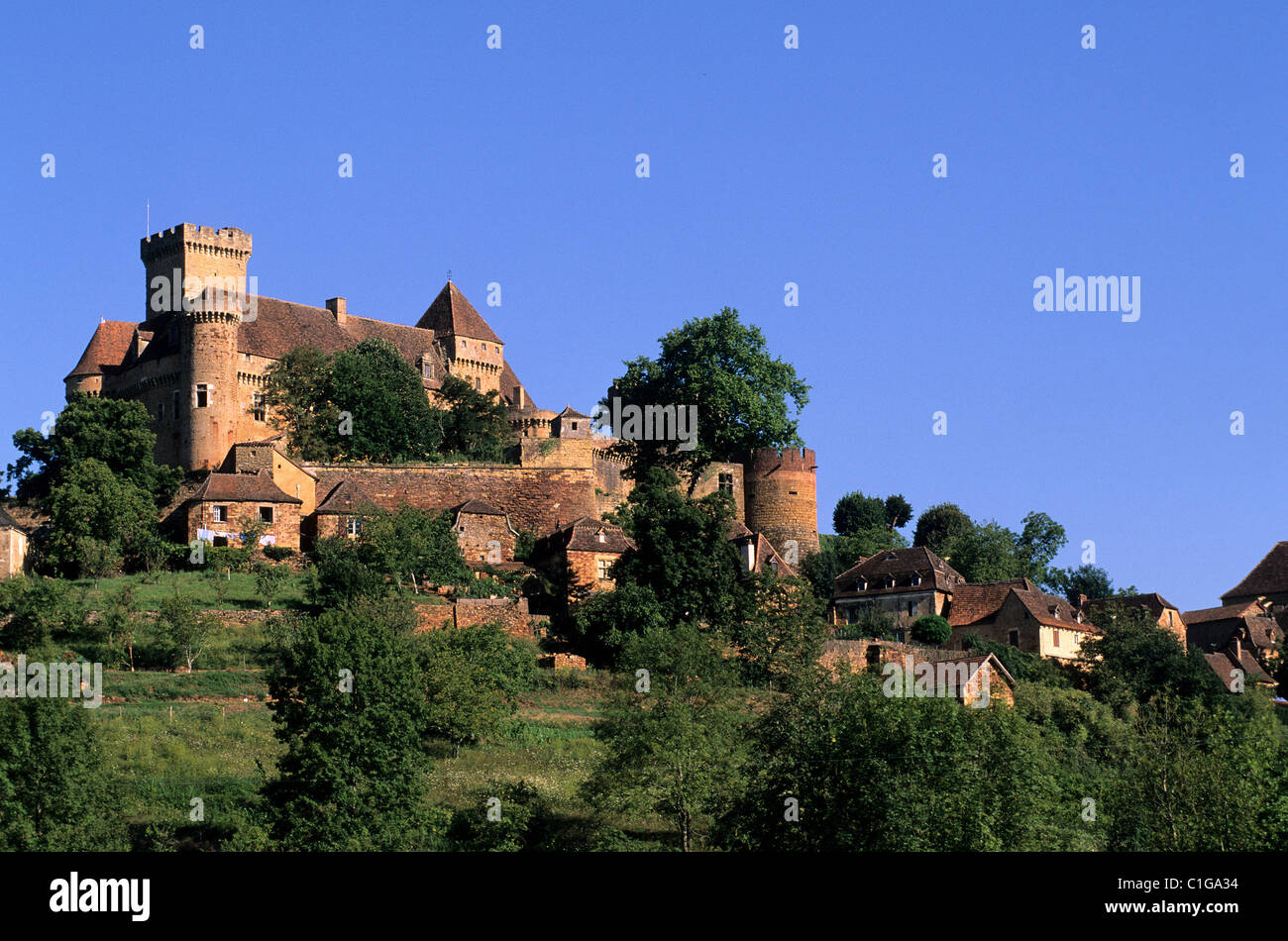 France, Lot, village of Castelnau Bretenoux and its castle Stock Photo ...