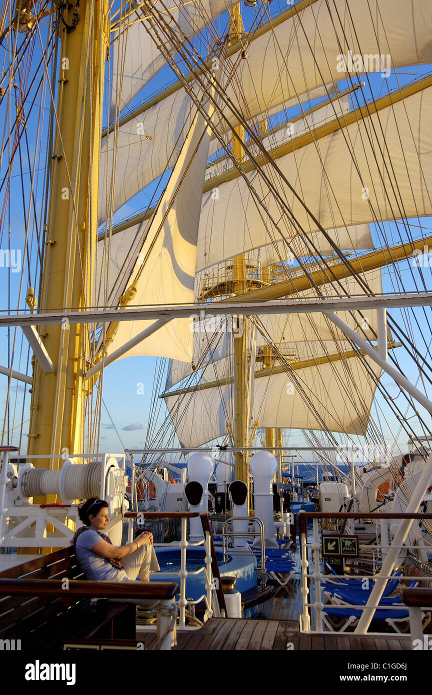 Caribbean sea, the five masted ship SPV Royal Clipper with every sail ...
