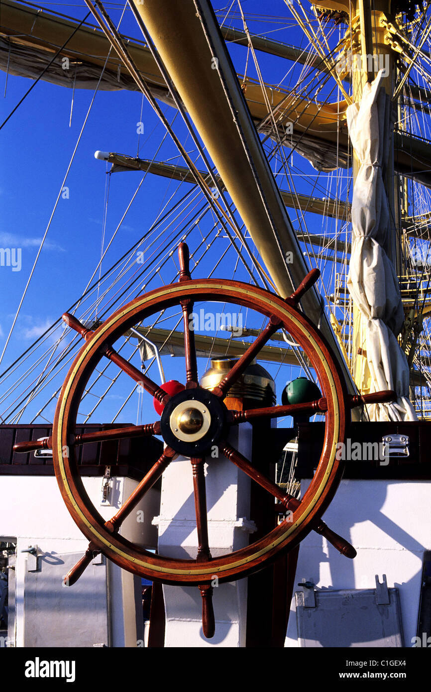 Caribbean sea, the five masted ship SPV Royal Clipper steering wheel ...
