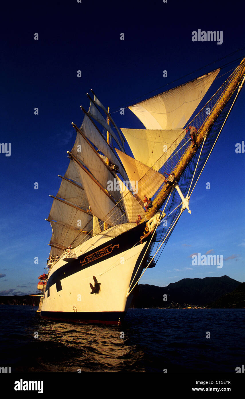 Caribbean sea, the five masted ship SPV Royal Clipper with every sail ...
