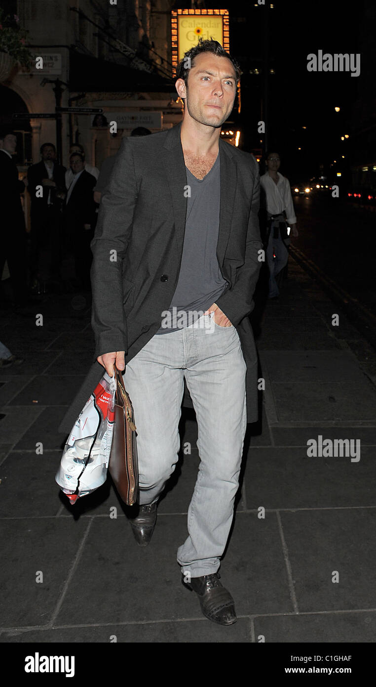 Jude Law leaving Wyndham's Theatre, having performed in a new ...
