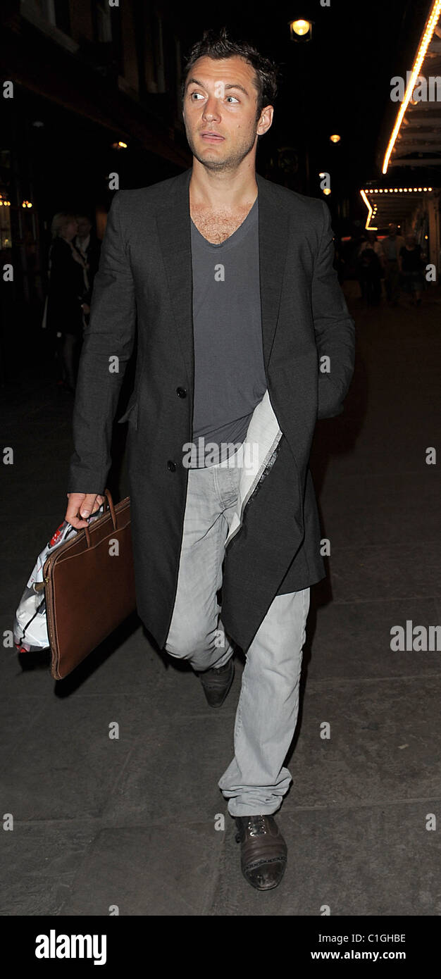 Jude Law leaving Wyndham's Theatre, having performed in a new ...