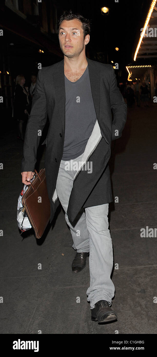 Jude Law leaving Wyndham's Theatre, having performed in a new ...