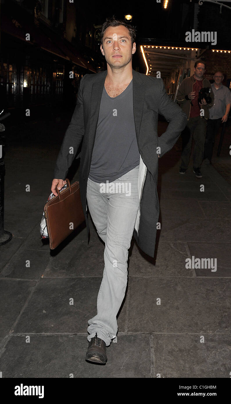Jude Law leaving Wyndham's Theatre, having performed in a new ...