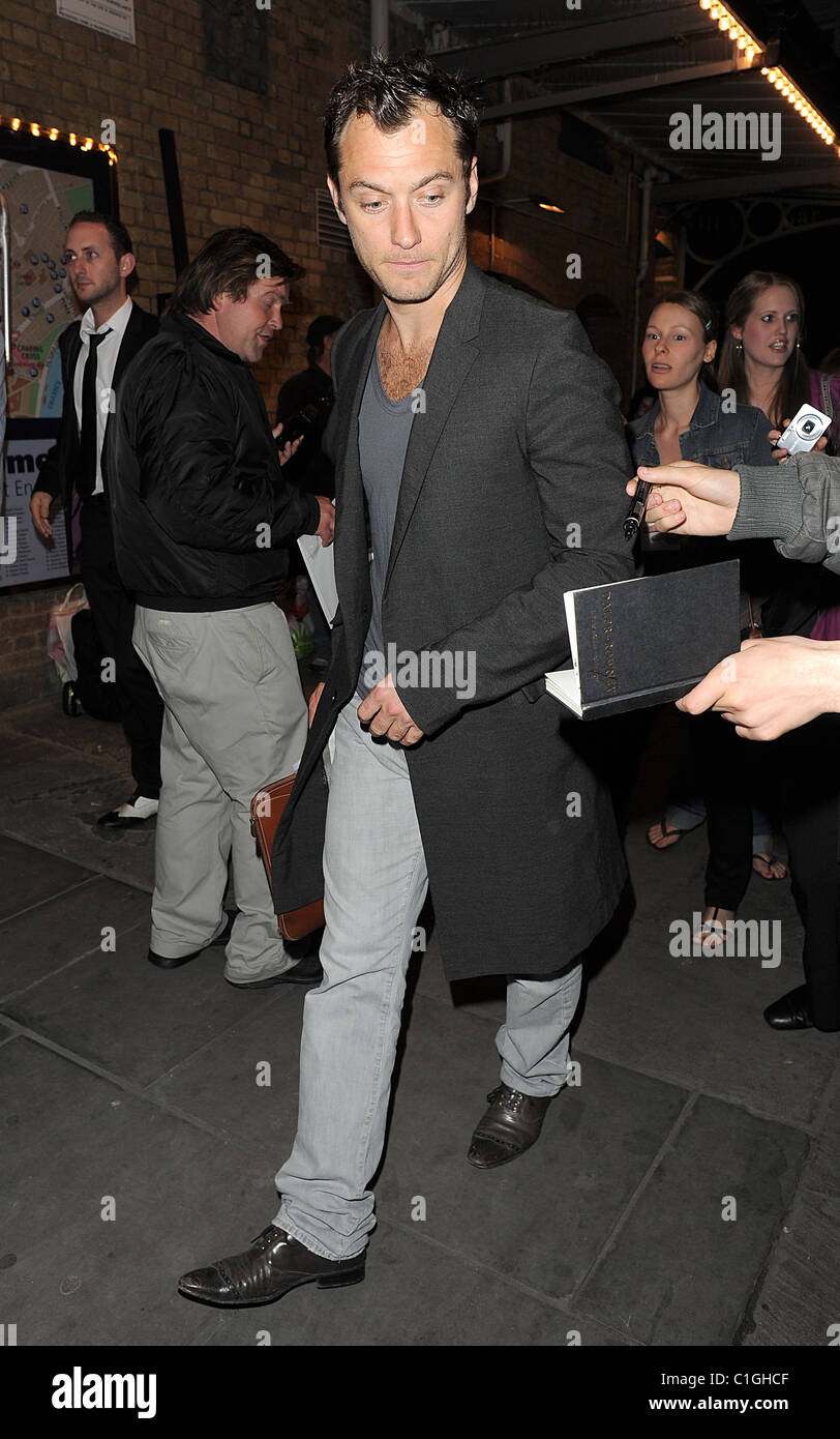 Jude Law leaving Wyndham's Theatre, having performed in a new ...