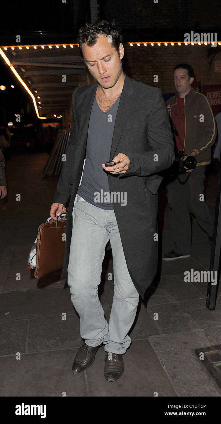 Jude Law leaving Wyndham's Theatre, having performed in a new ...