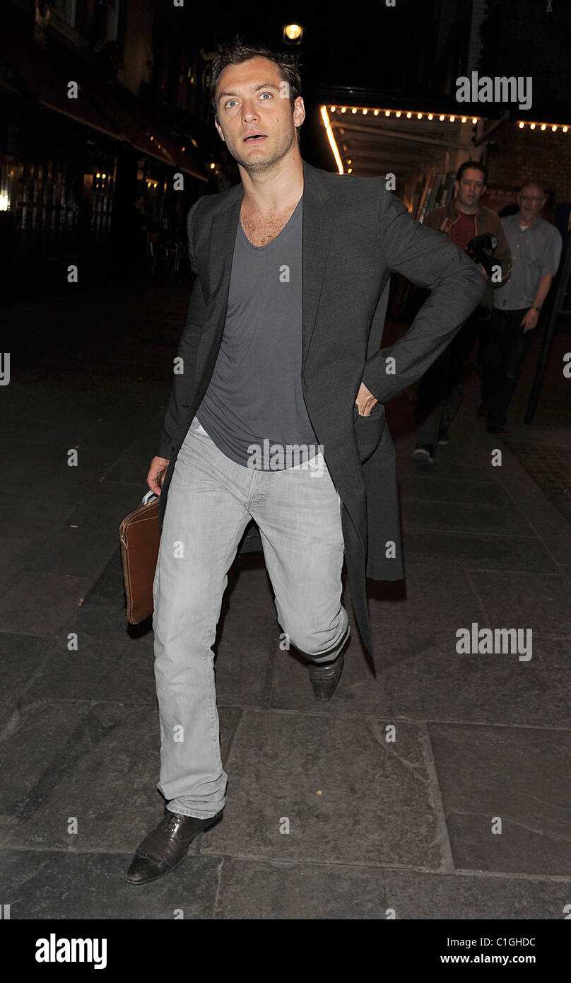Jude Law leaving Wyndham's Theatre, having performed in a new ...