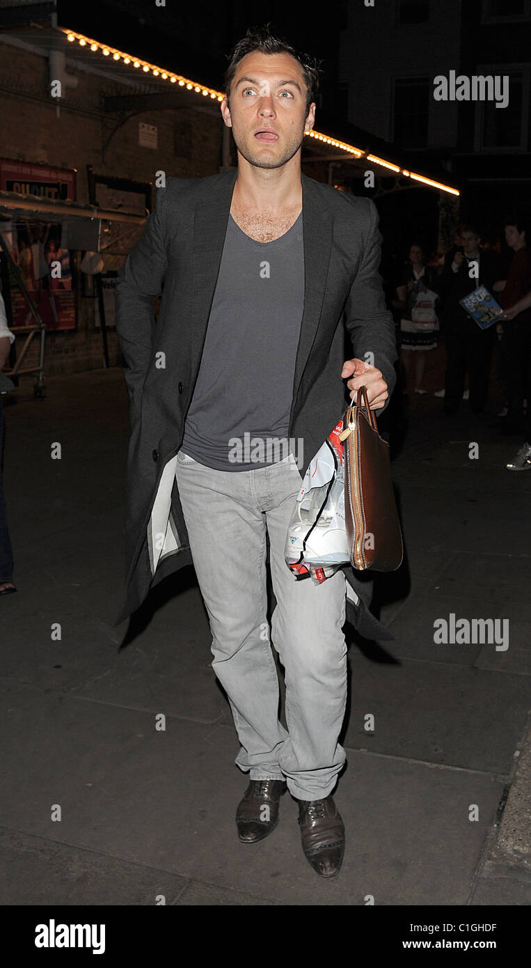 Jude Law leaving Wyndham's Theatre, having performed in a new ...