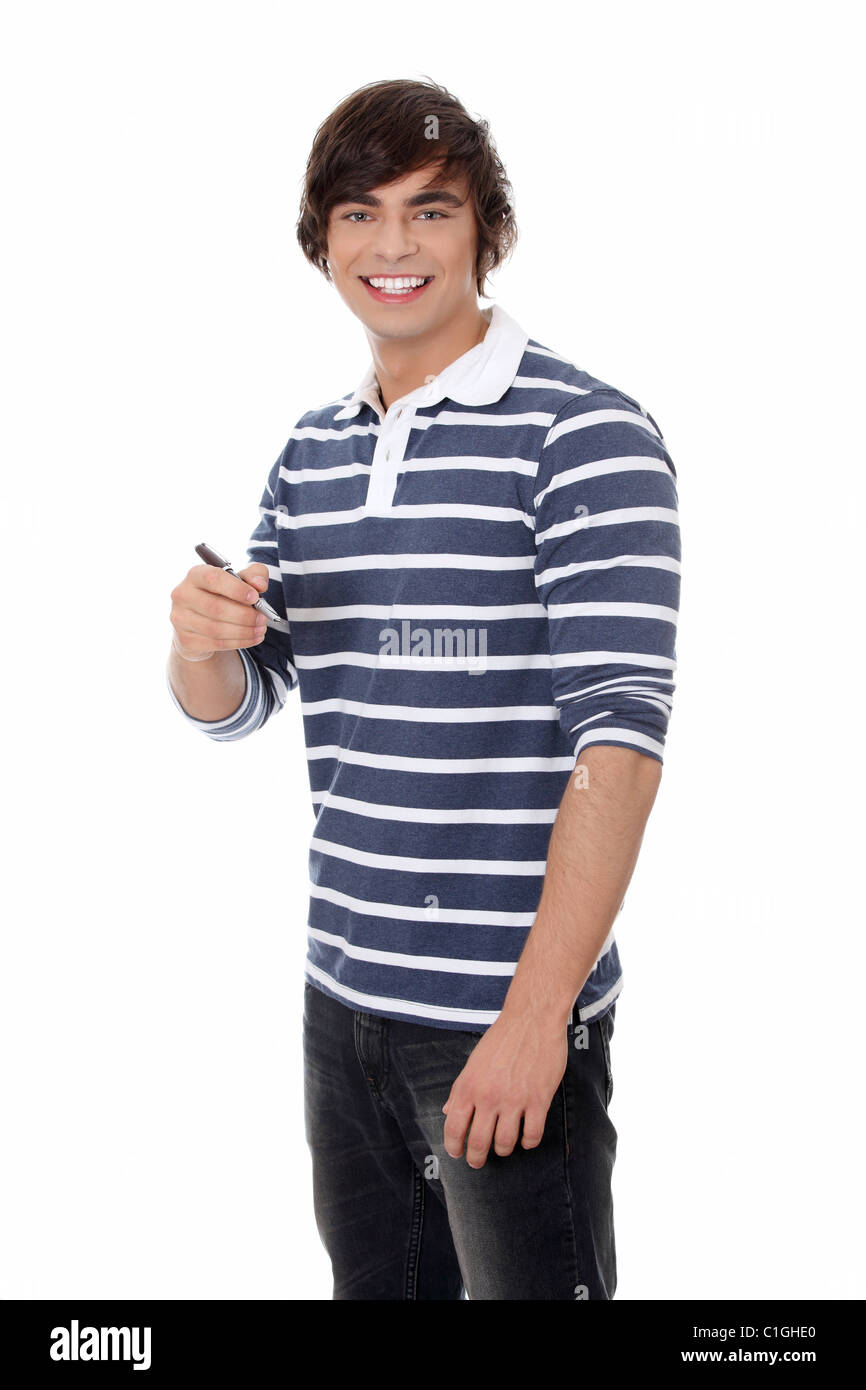 Young man with a pen. Isolated on white background Stock Photo - Alamy