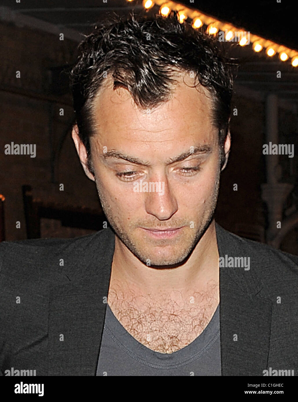 Jude Law leaving Wyndham's Theatre, having performed in a new ...