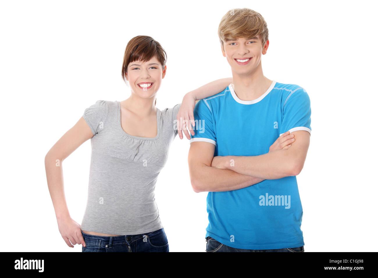 Happy two friends. Isolated on white background Stock Photo - Alamy