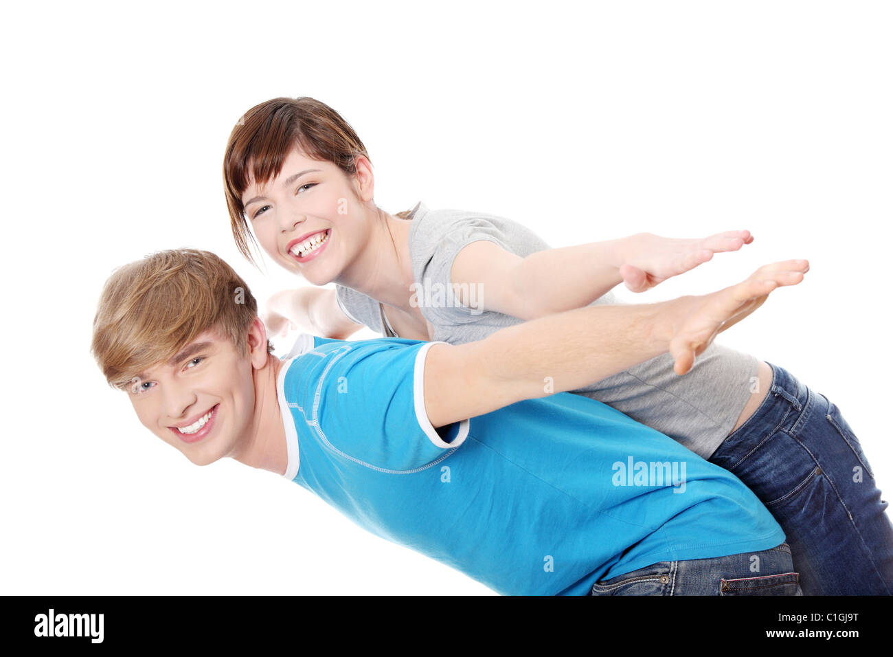 Happy two friends. Isolated on white background Stock Photo - Alamy