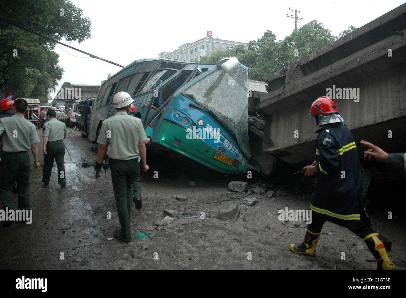 Viaduct collapse in China Rescuers investigate the rubble after a ...