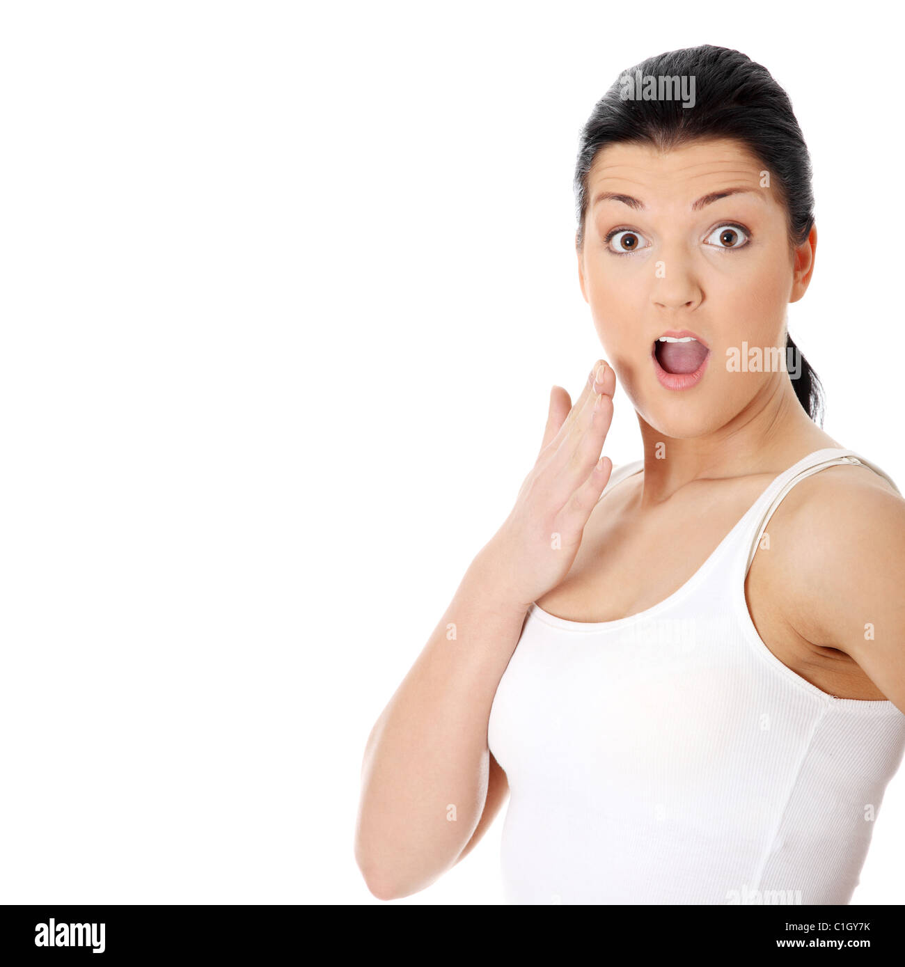 Shocked woman portrait, over white background Stock Photo - Alamy