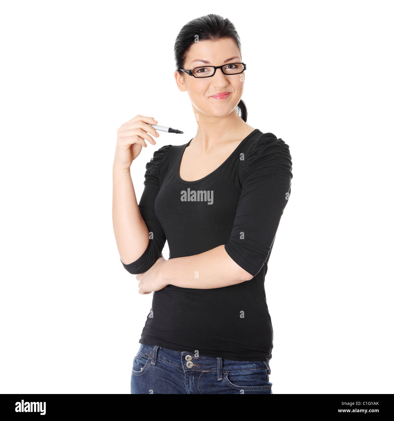 Young woman holding pen , isolated on white Stock Photo - Alamy