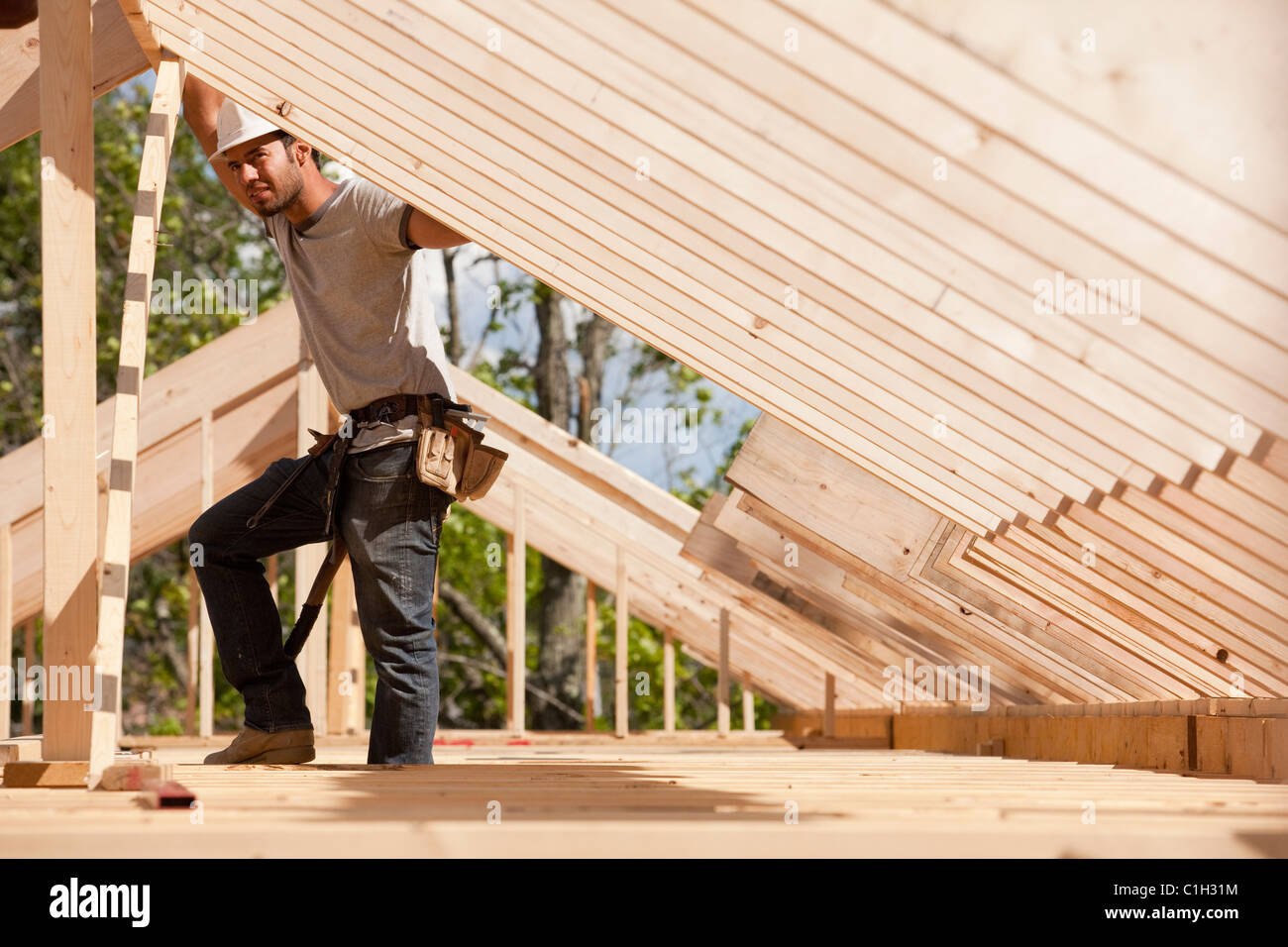 Carpenter placing roof framing Stock Photo - Alamy