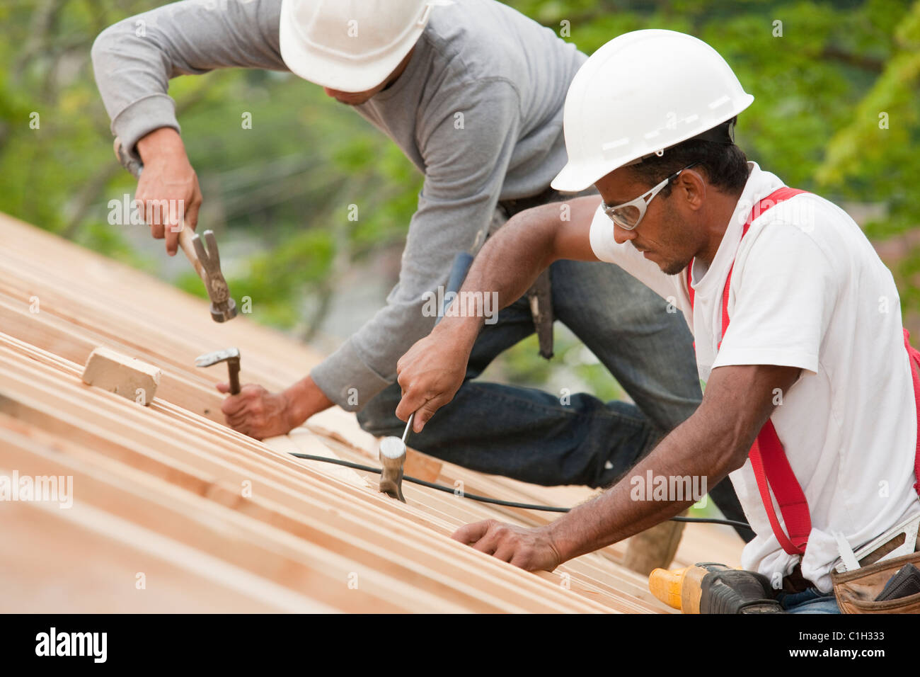 Hispanic carpenters using hammers on the roof of an under construction ...