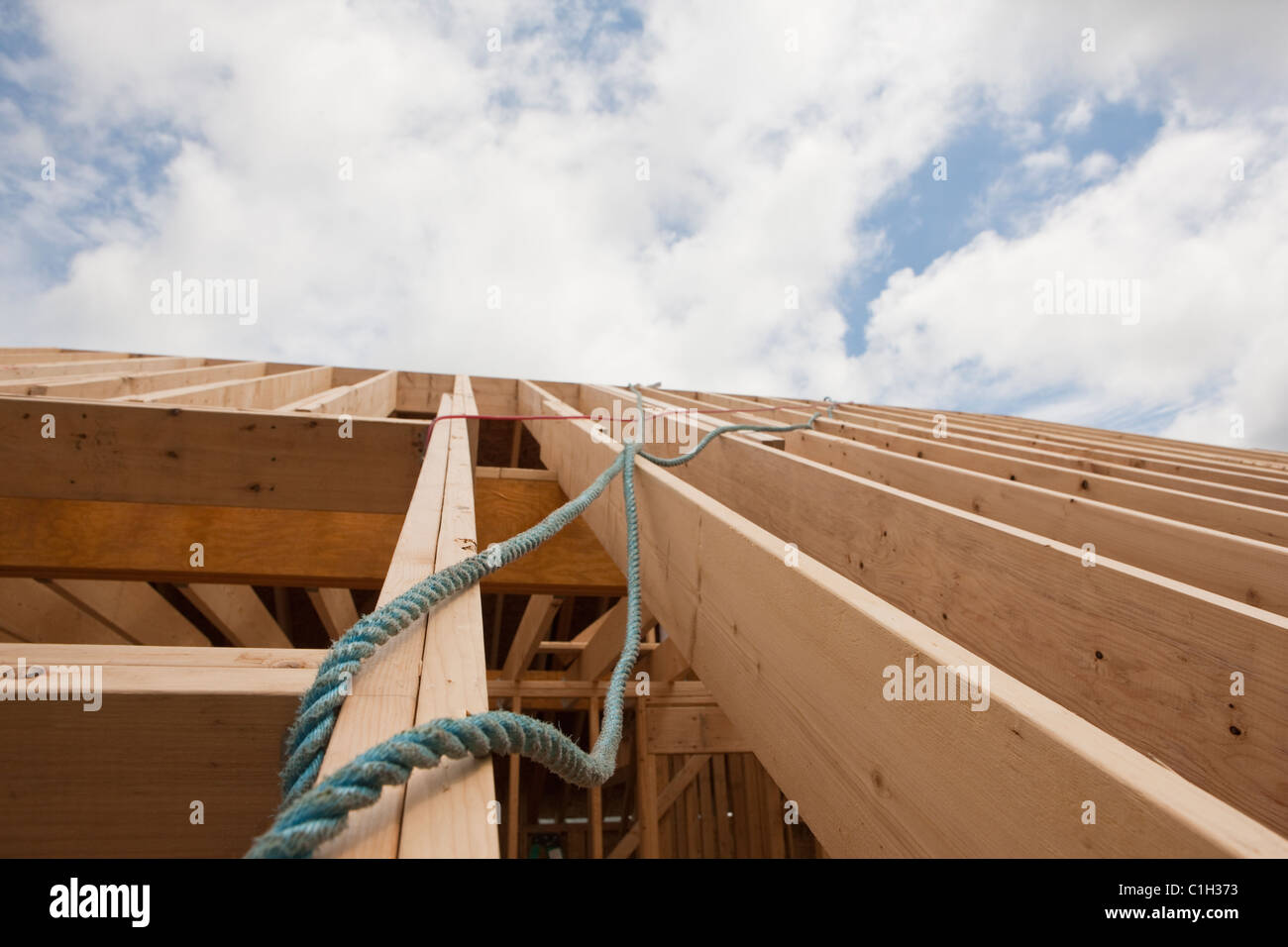 Safety ropes hanging from roof trusses at a house under construction ...