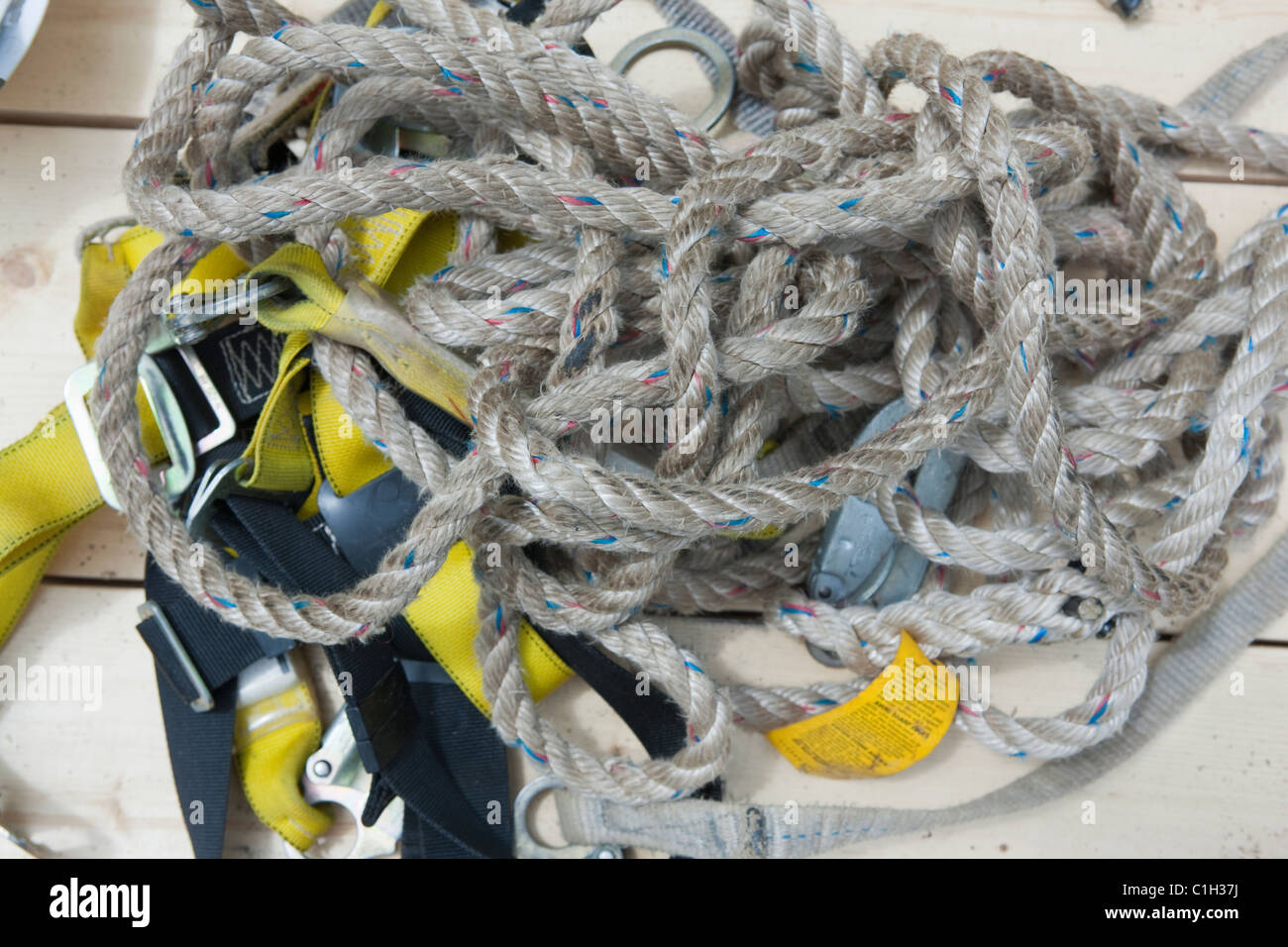 Close-up of safety rope with harness at a construction site Stock Photo ...