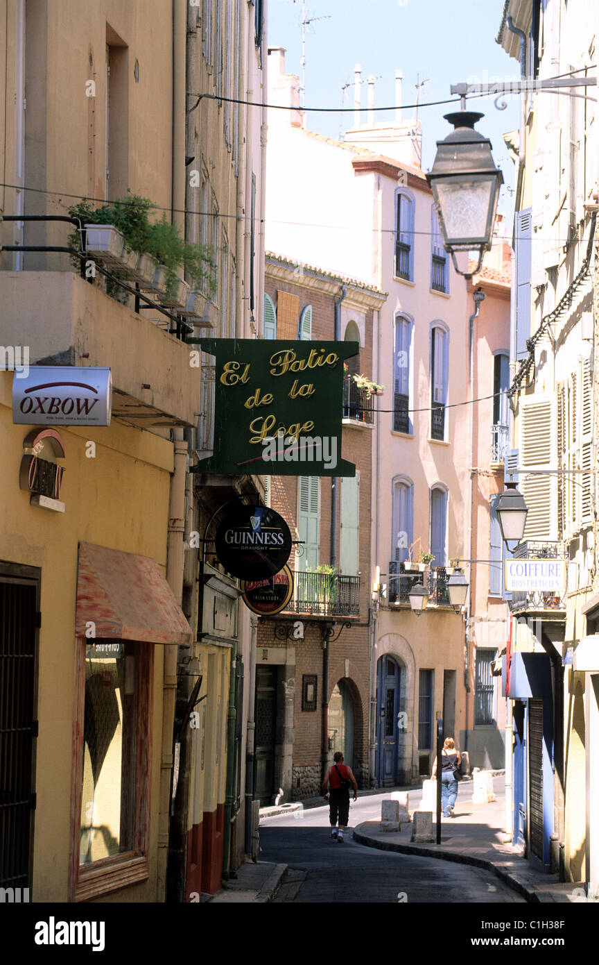 France, Pyrenees Orientales, Perpignan, a street in the old town Stock ...