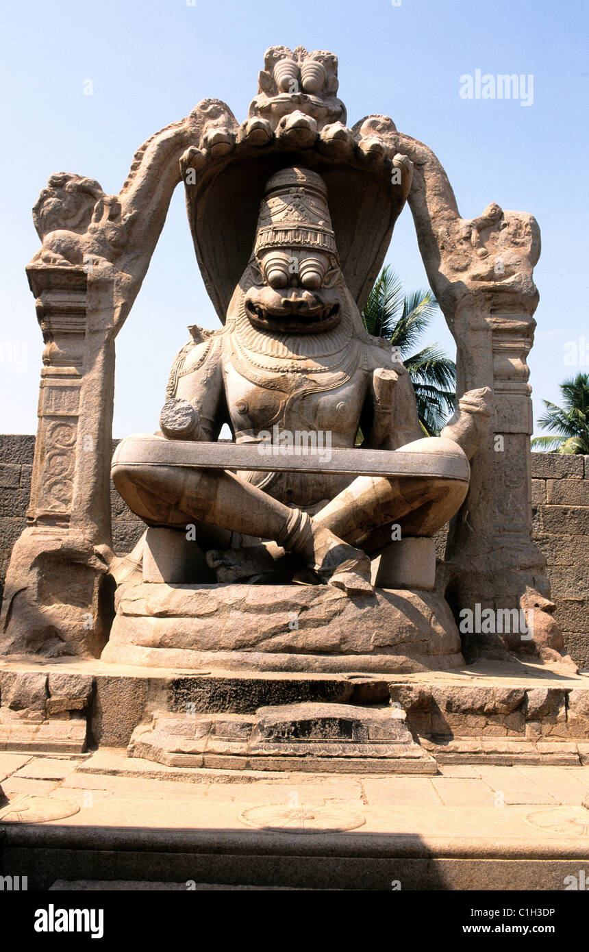 India, Karnataka state, Hampi, a monolithic statue of Narasimha Stock ...