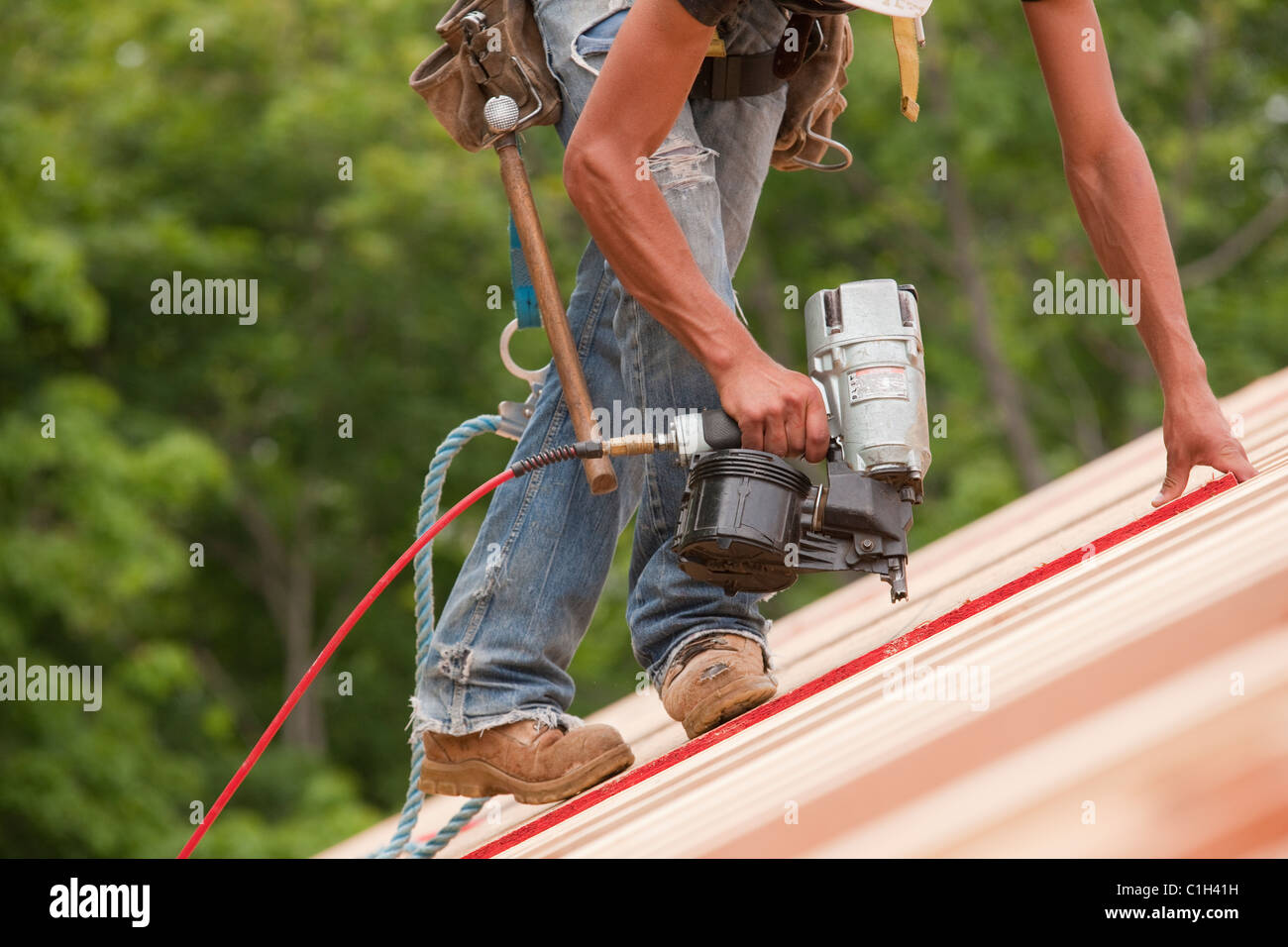 Hispanic carpenter using a nail gun on roof panels Stock Photo - Alamy