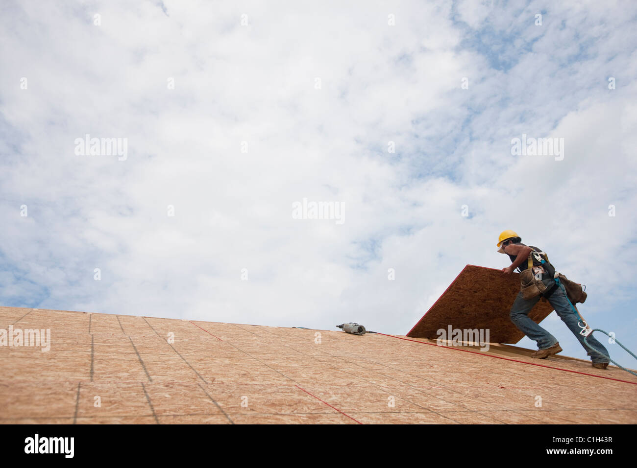 Low angle view of a carpenter lifting a roof panel on the roof of a ...