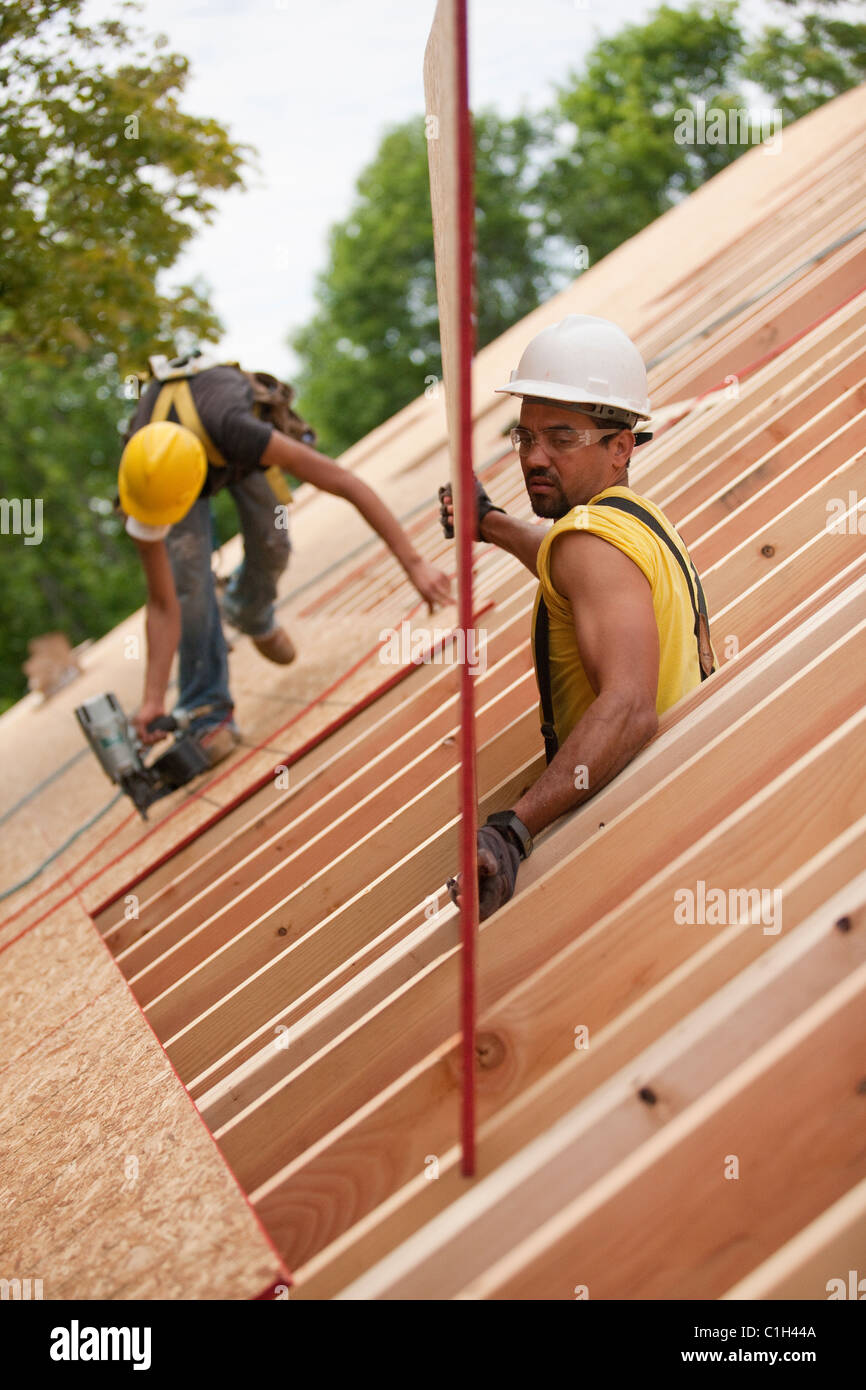 Carpenters lifting a roof panel onto place on a roof Stock Photo - Alamy
