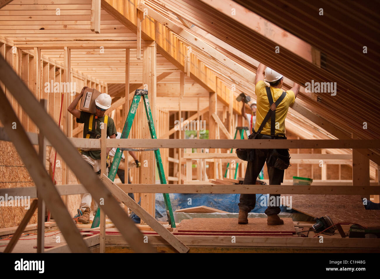 Hispanic carpenters bringing sheathing to roof at a house under ...