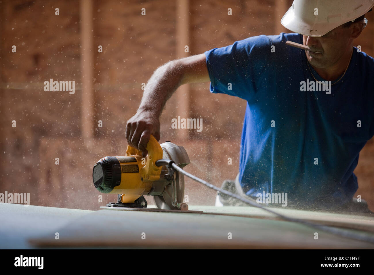 Hispanic carpenter using a circular saw on the roofing sheathing at a ...