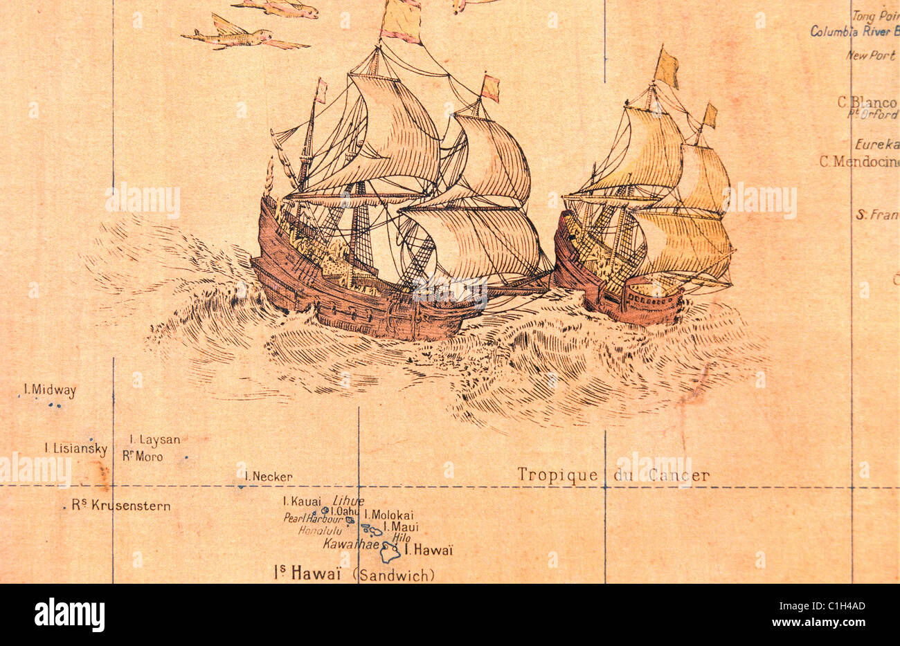 drawings of boats on an old chart Stock Photo - Alamy