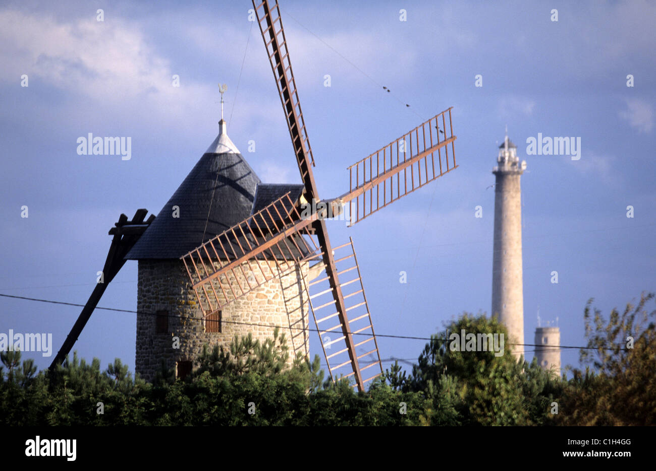 France, Manche, Cotentin, windmill on the road between Barfleur village ...