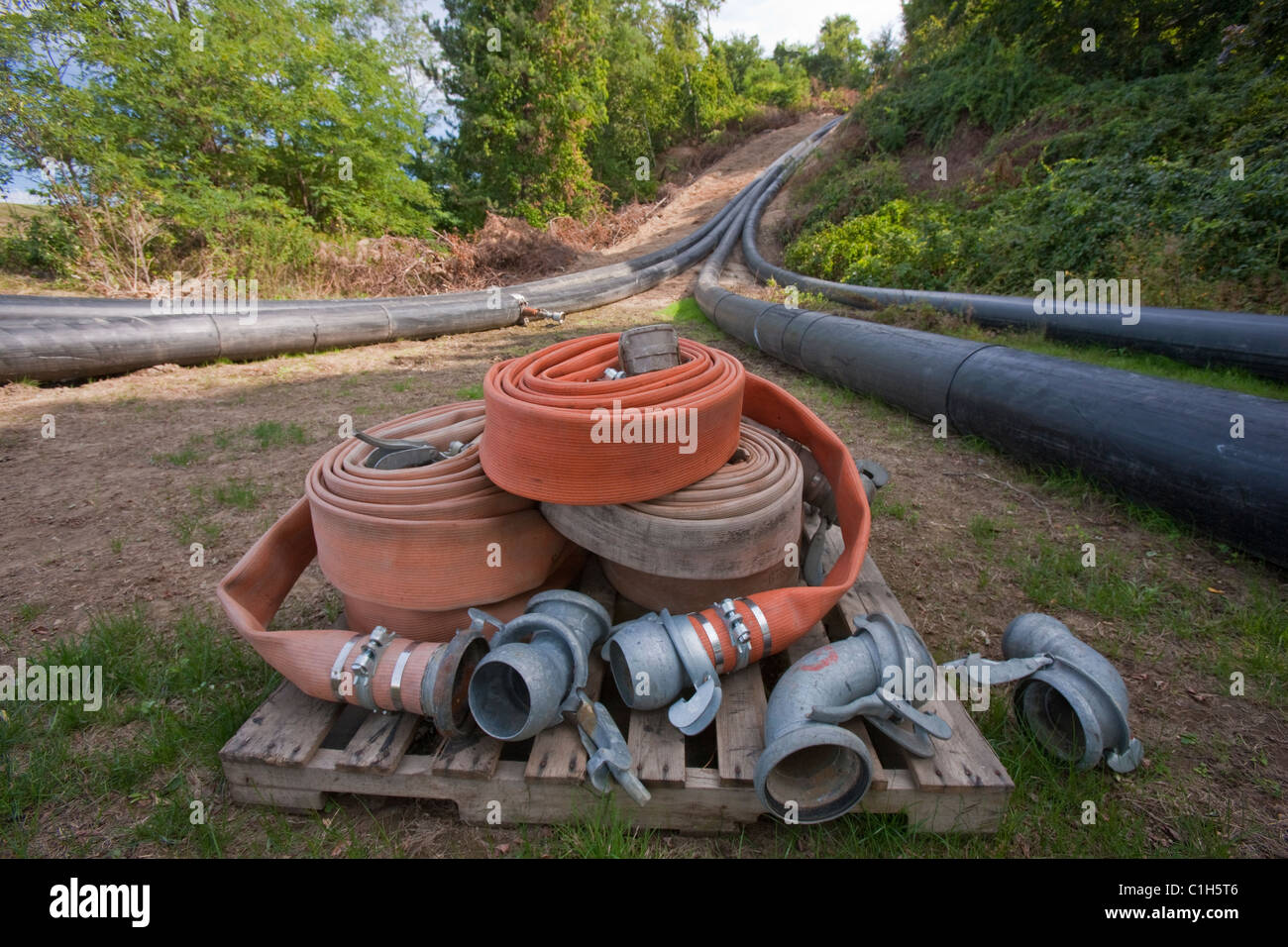 Wastewater pipeline and hoses at a water treatment plant Stock Photo ...
