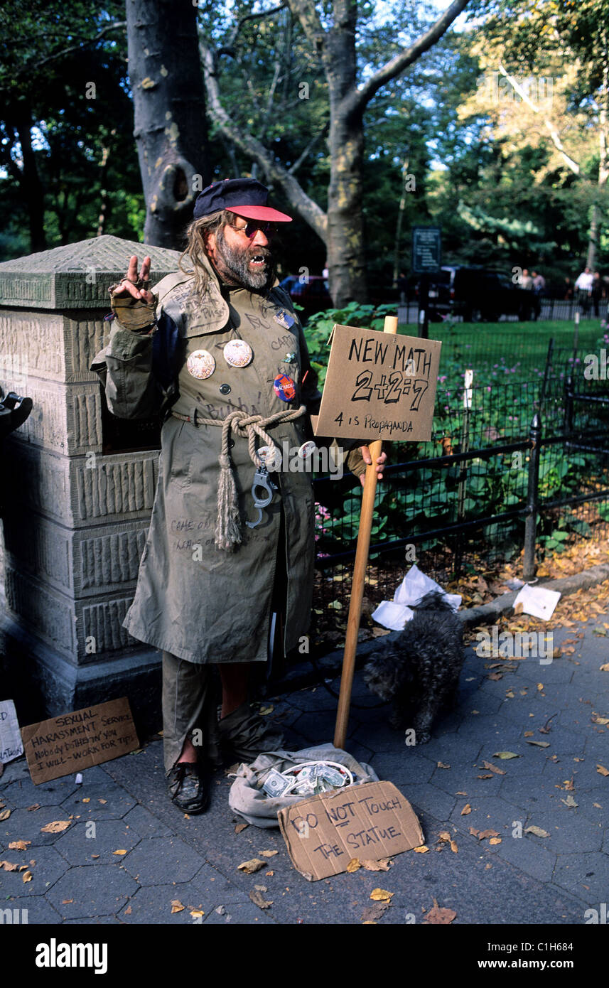 United States, New York City, Manhattan, a homeless in front of Central ...