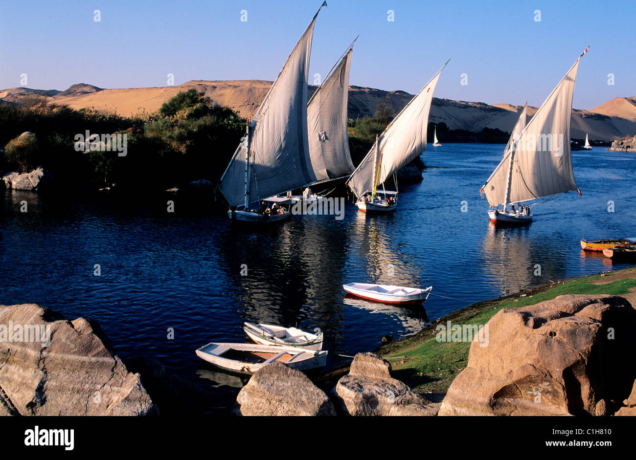 Egypt, Valley of the Nile, Aswan, Feluccas on the Nile river Stock ...
