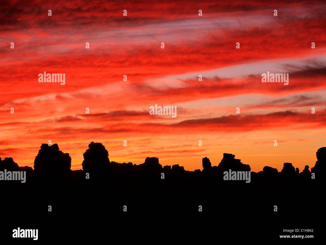 Libya, the Sahara, Tassili of Maghidet, twilight over the Maghatghat ...