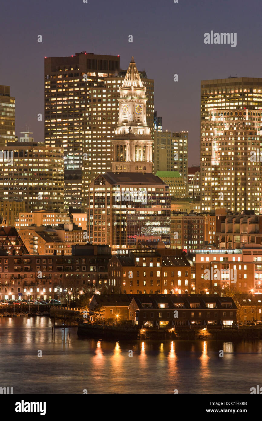 Buildings lit up at night, Custom House Tower, Boston, Massachusetts ...