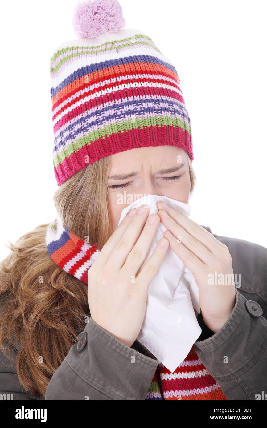 Sneezing woman with handkerchief , isolated on white Stock Photo - Alamy