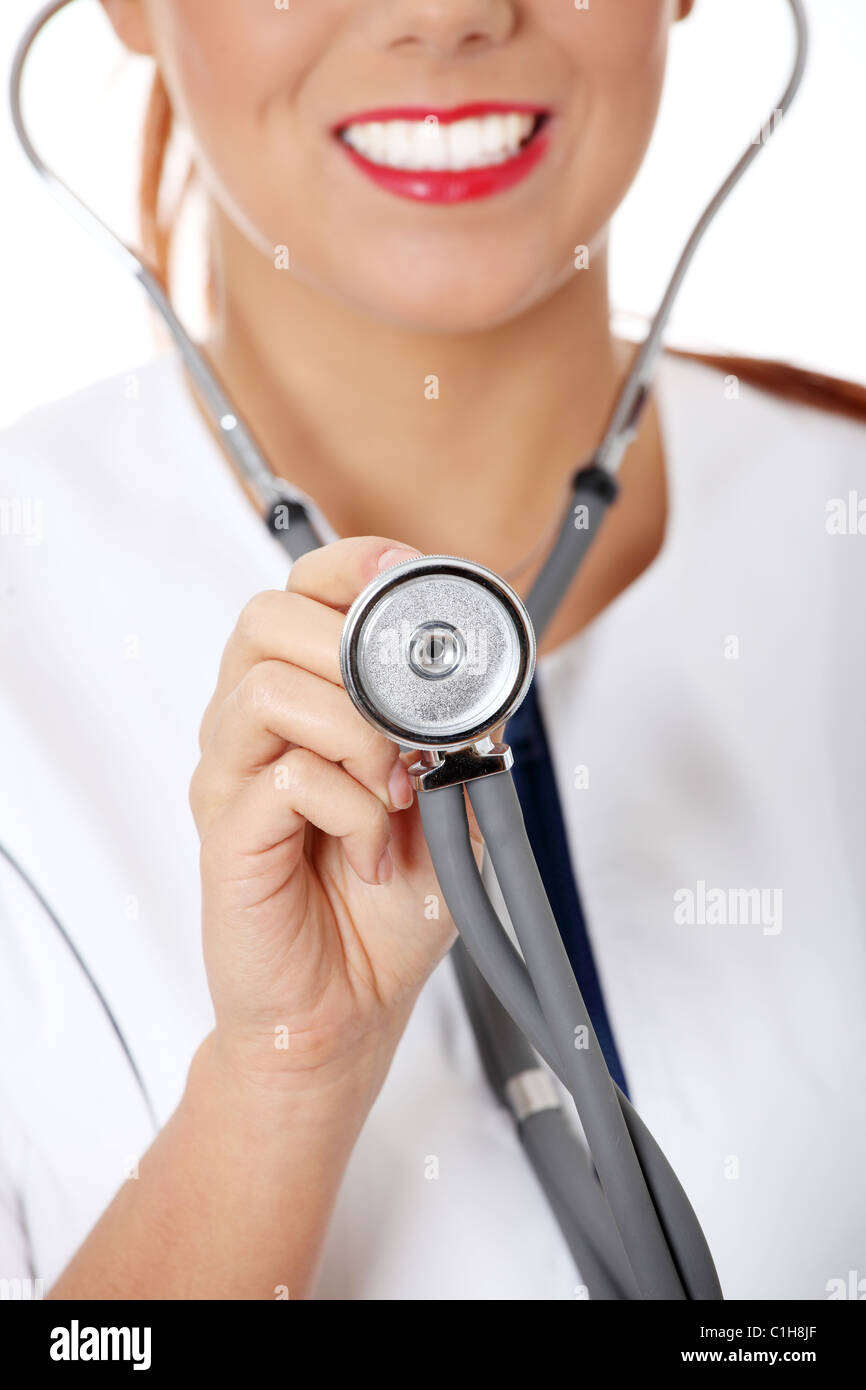 Female doctor with stethoscope, isolated on white Stock Photo - Alamy