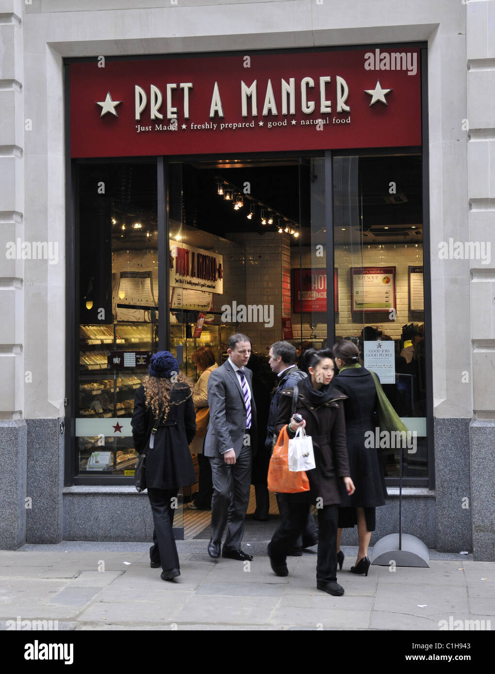A general view of a Pret A Manger shop front with members of the public ...