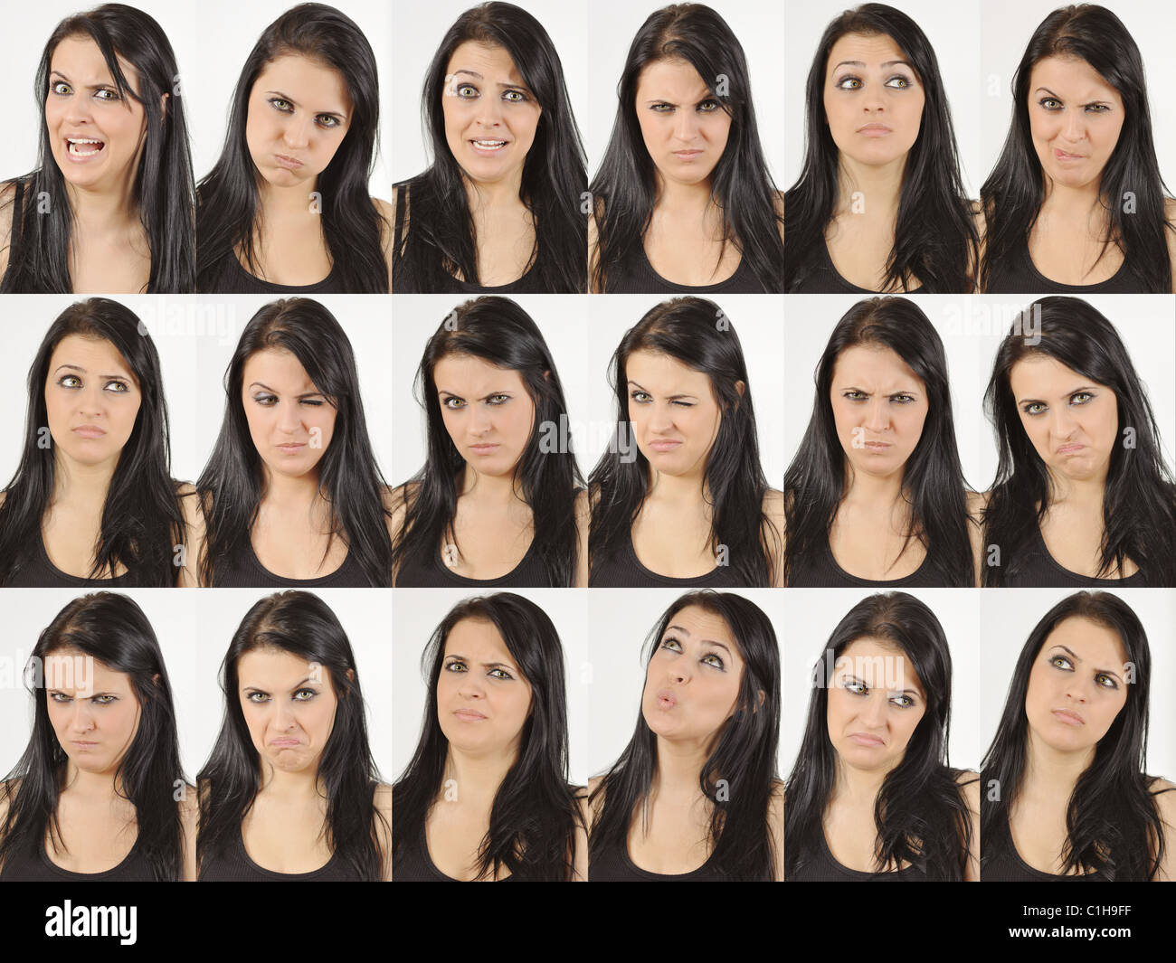 Series of head portraits of an angry and wondering natural young woman ...