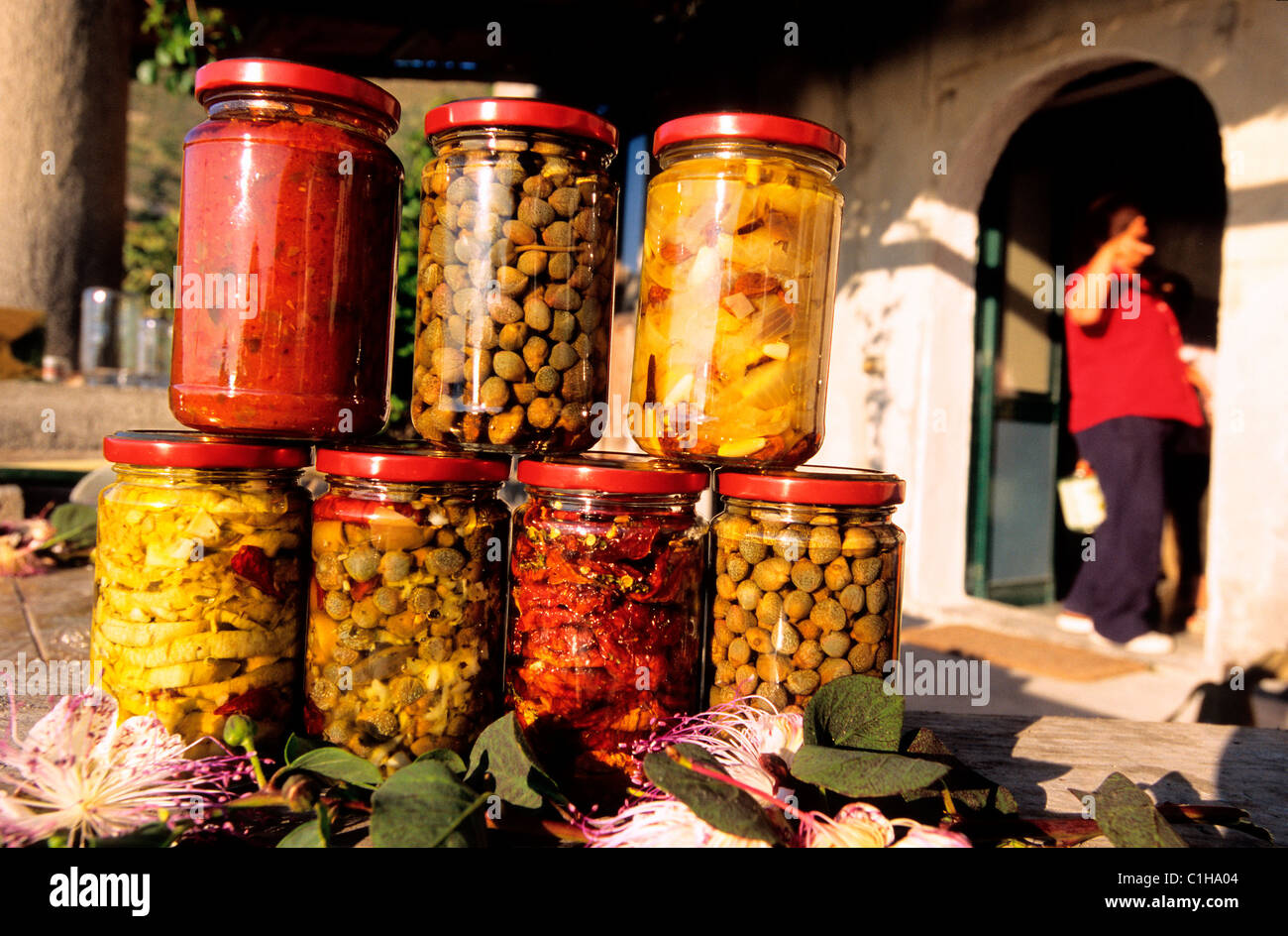 Italy, Sicily, Aeolian Islands, Island of Salina, caper preserves at ...